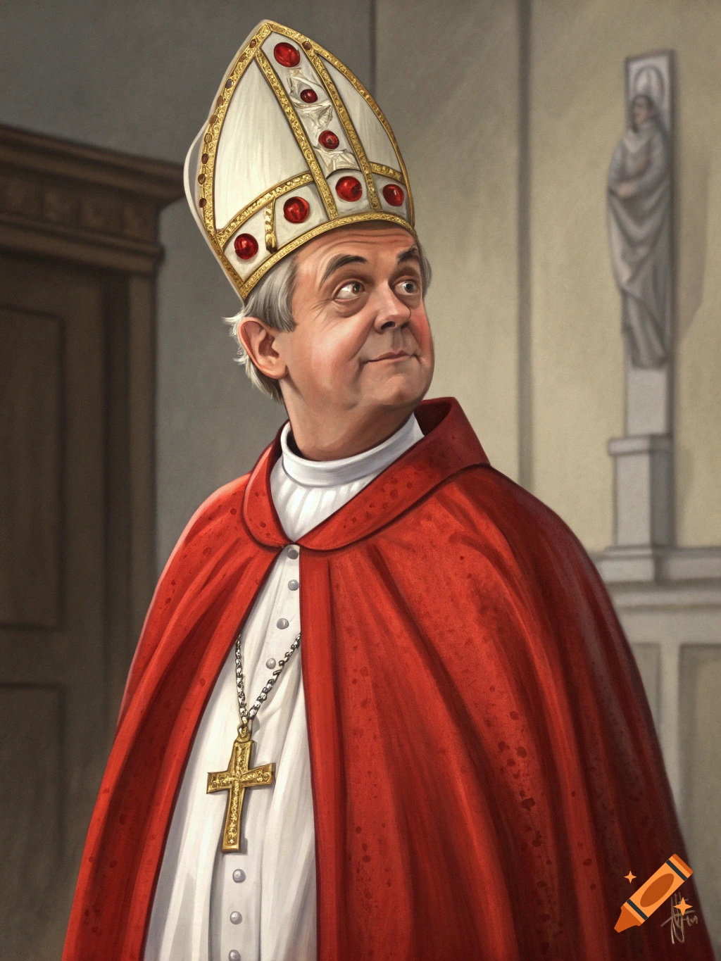 Caricature painting of a man resembling Father Ted dressed as a Pope on ...