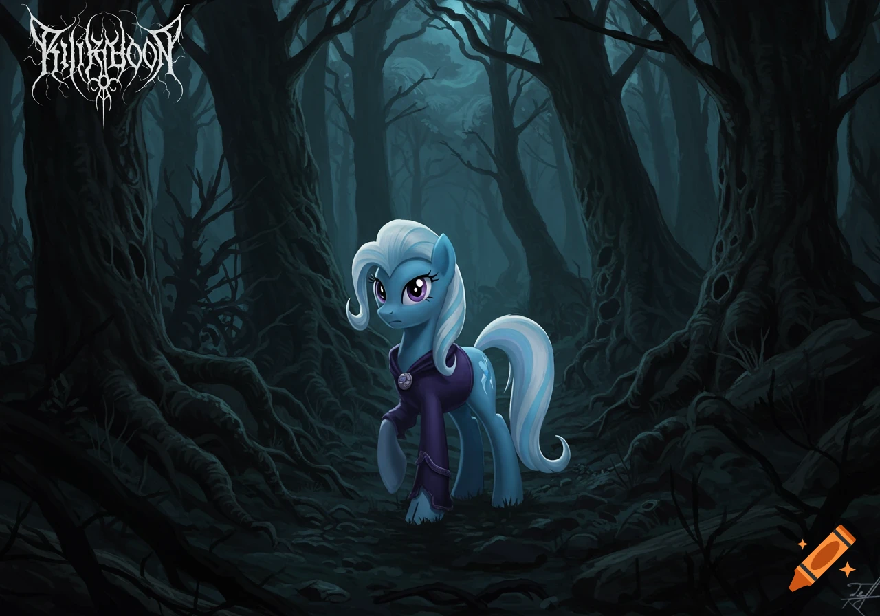 Blue pony character in a purple cloak standing in a dark spooky forest ...
