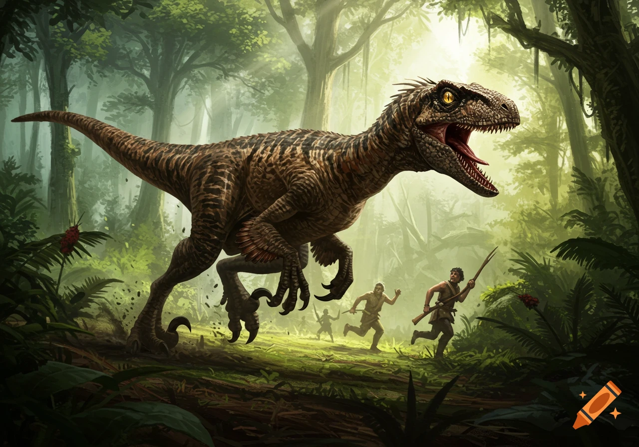 A Velociraptor dinosaur runs through a jungle chasing humans. on Craiyon