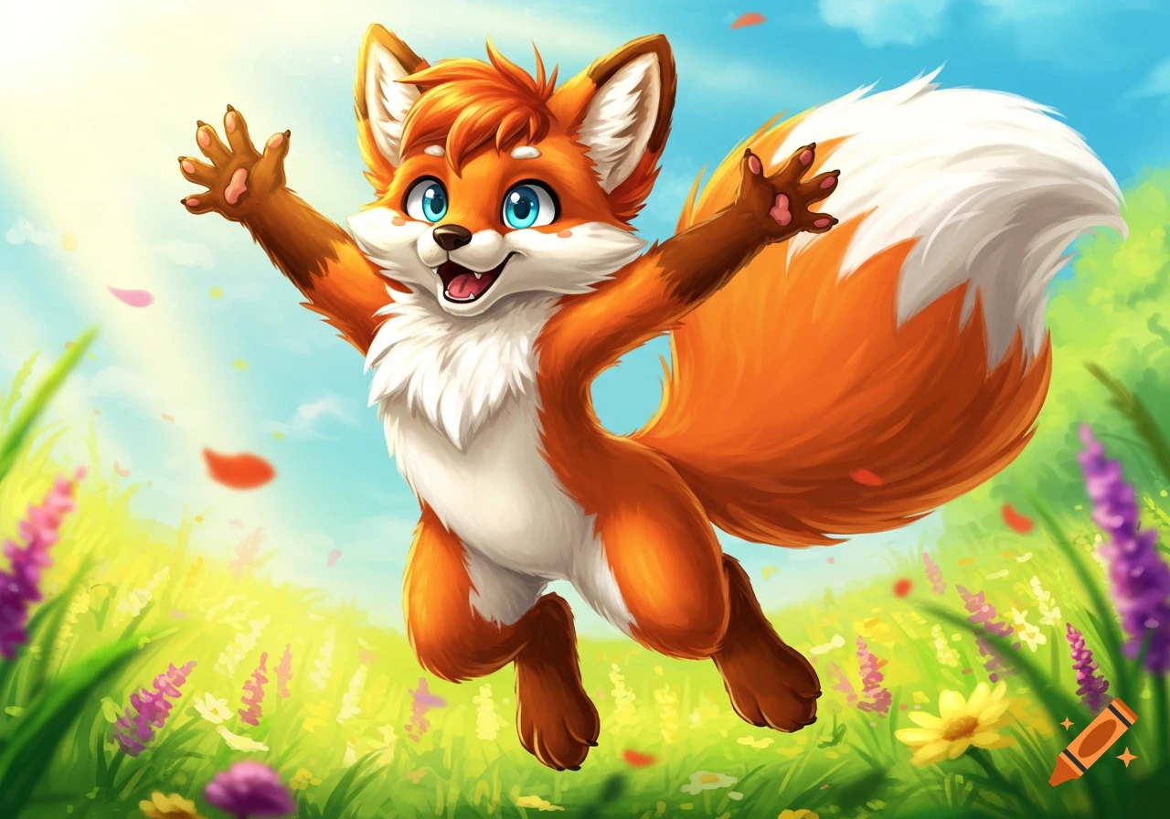 A happy cartoon fox jumps in a sunny field with flowers and falling ...
