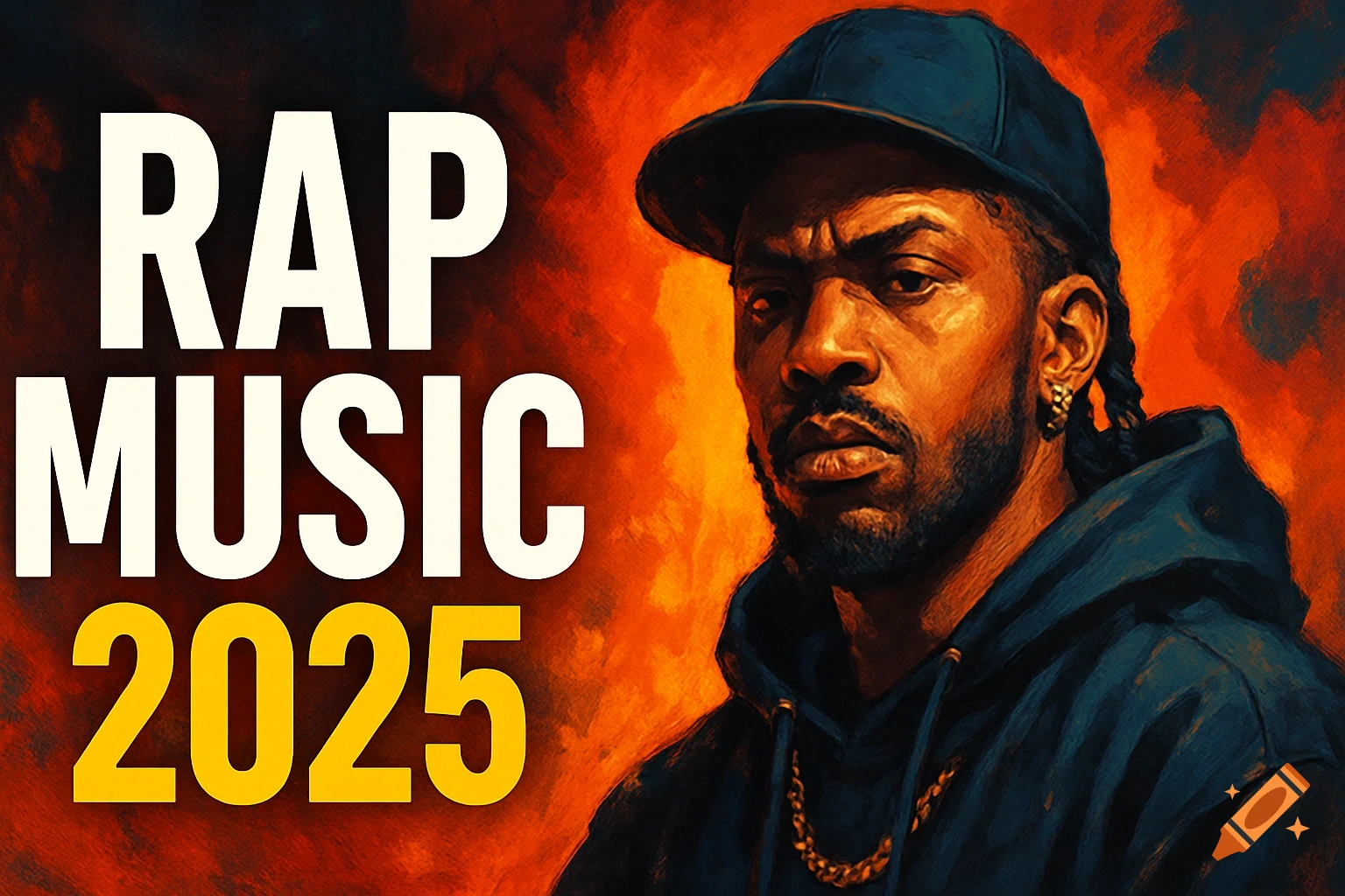 A man in a dark hoodie and cap stands next to large text that reads 'RAP MUSIC 2025'. on Craiyon