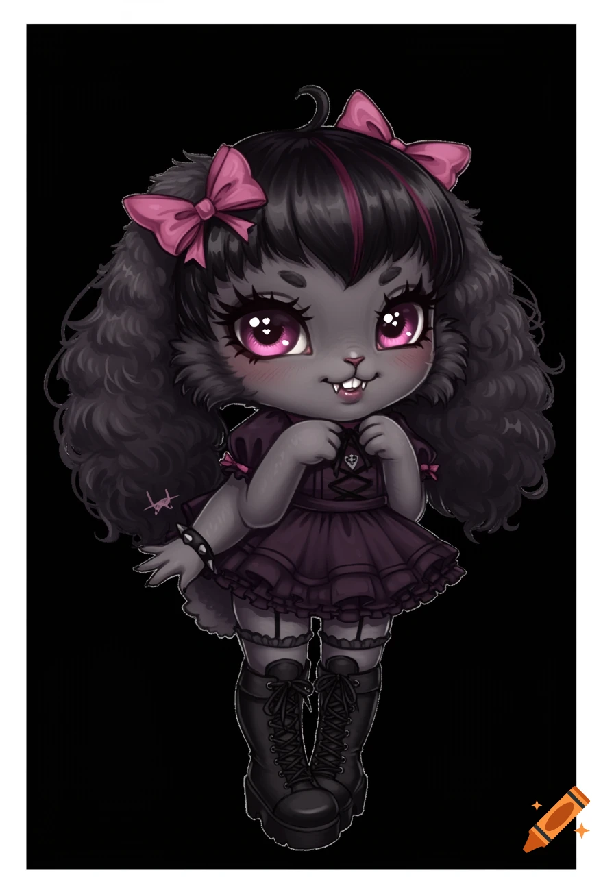Cute gothic cartoon character with big eyes, dark hair, pink bows ...