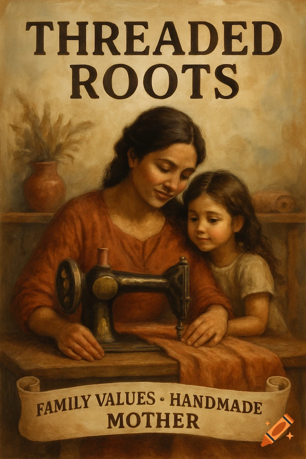 Painting of a mother and daughter sewing on a vintage machine with text 'Threaded Roots' on Craiyon
