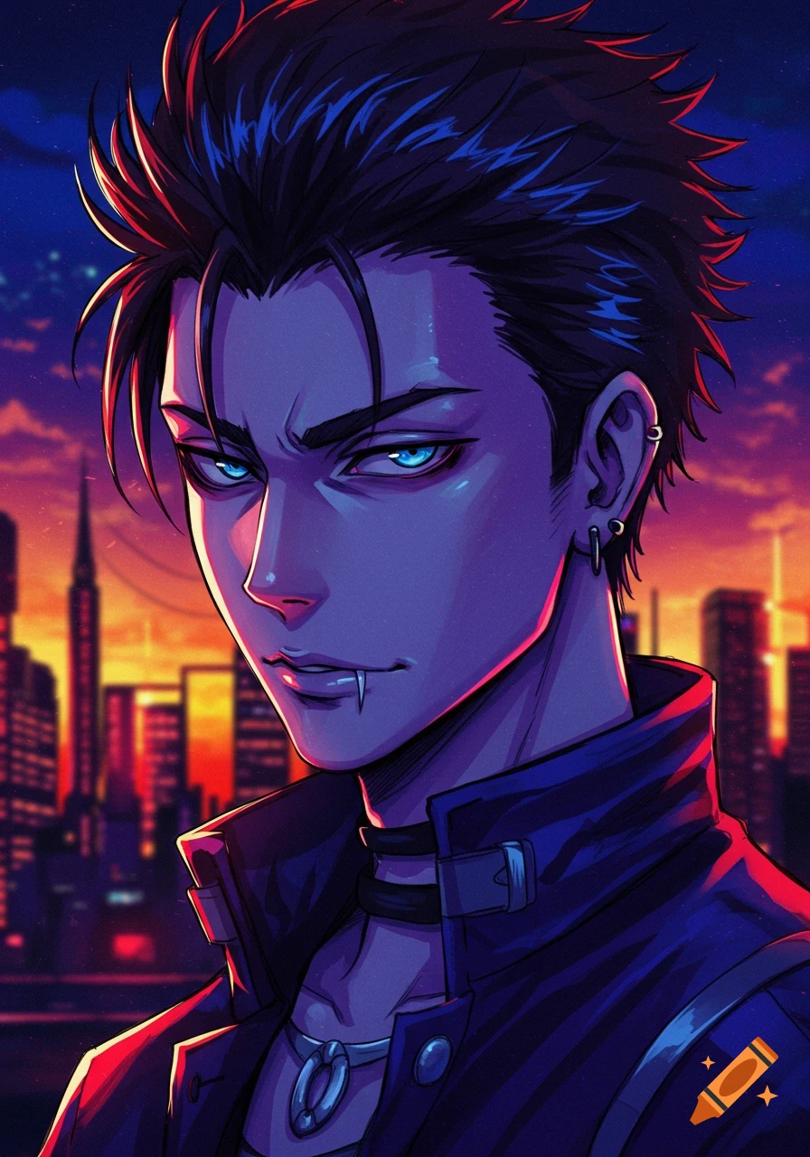 Anime portrait of a male character with fangs against a city skyline at ...