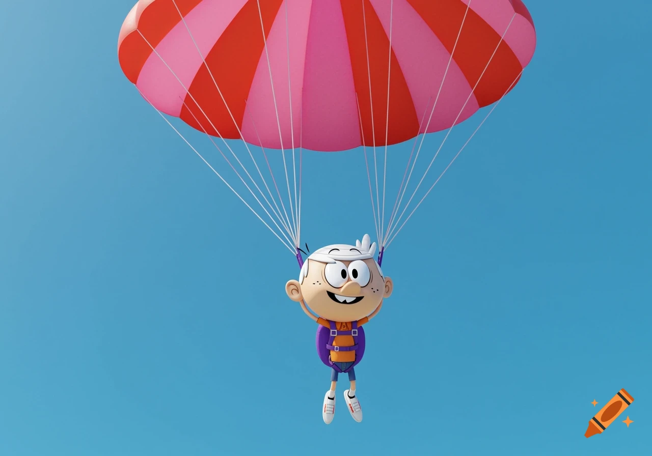 Lincoln Loud parachuting with a red and pink parachute against a blue ...