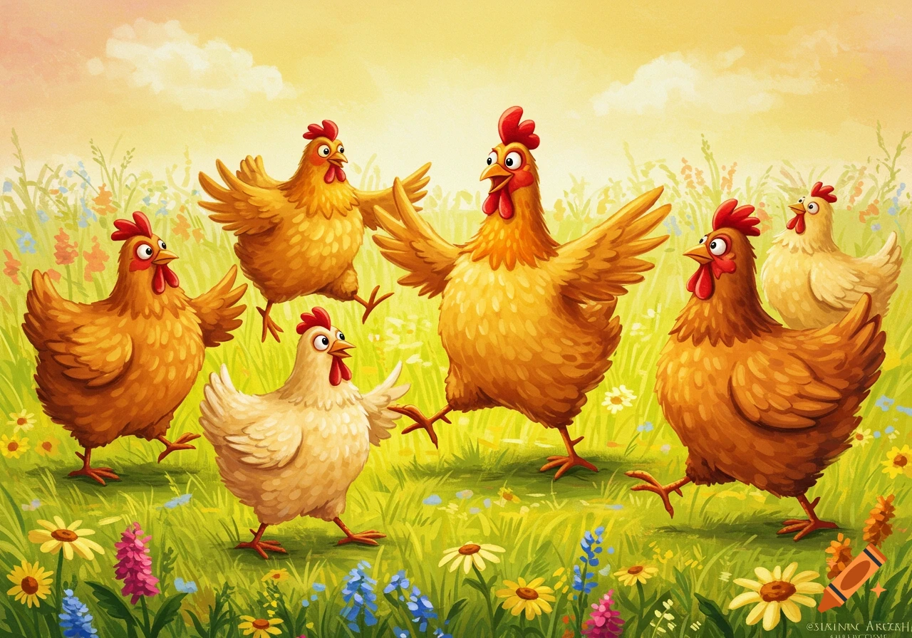 Cartoon chickens dancing in a sunny, flowery field. on Craiyon