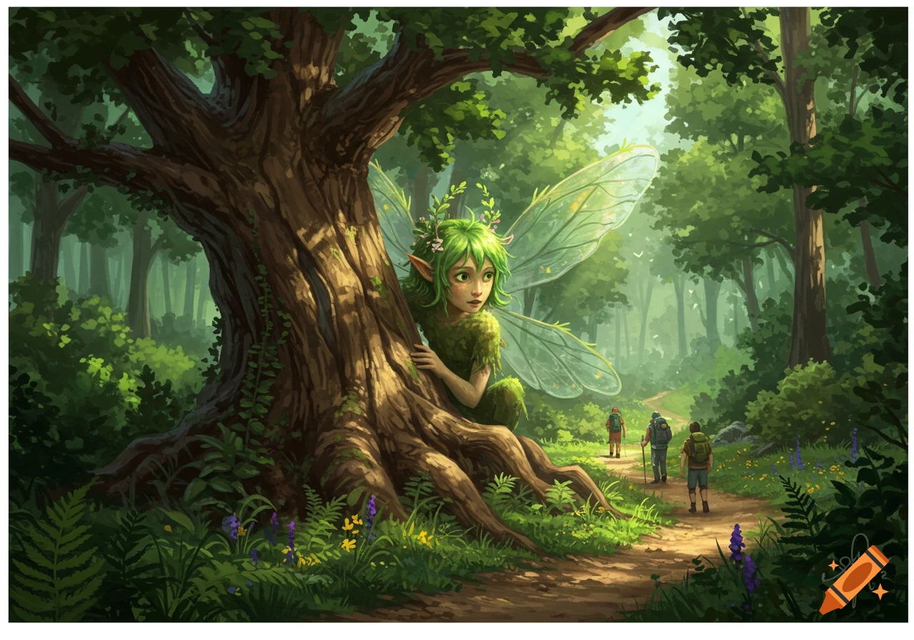 Illustration of a forest sprite hiding behind a tree, watching hikers ...