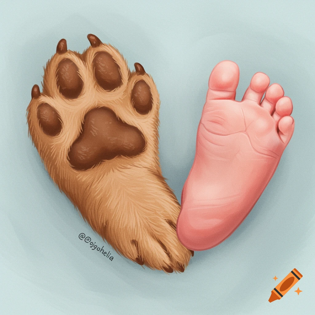 An illustration of a dog paw next to a baby foot. on Craiyon