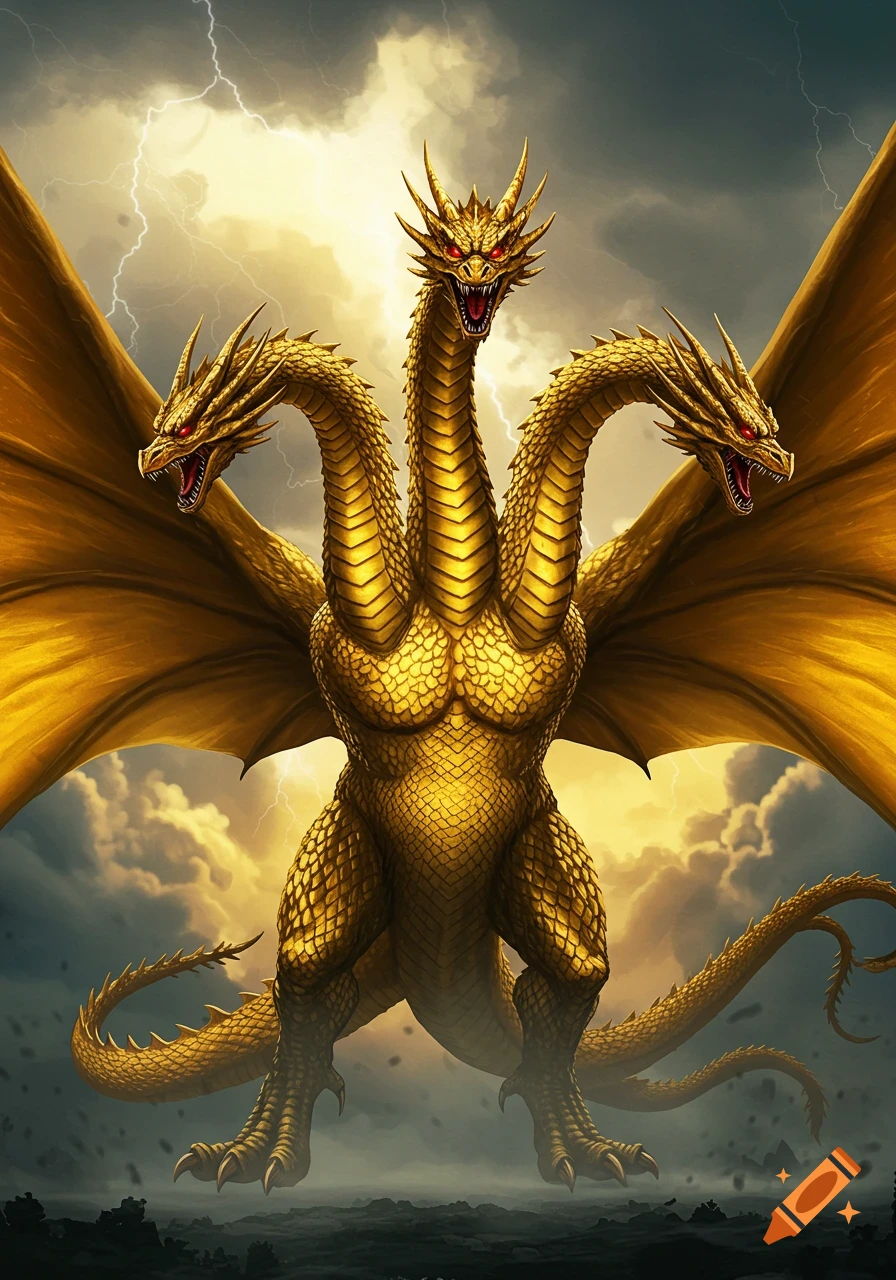 A golden three-headed dragon with large wings stands in a stormy ...