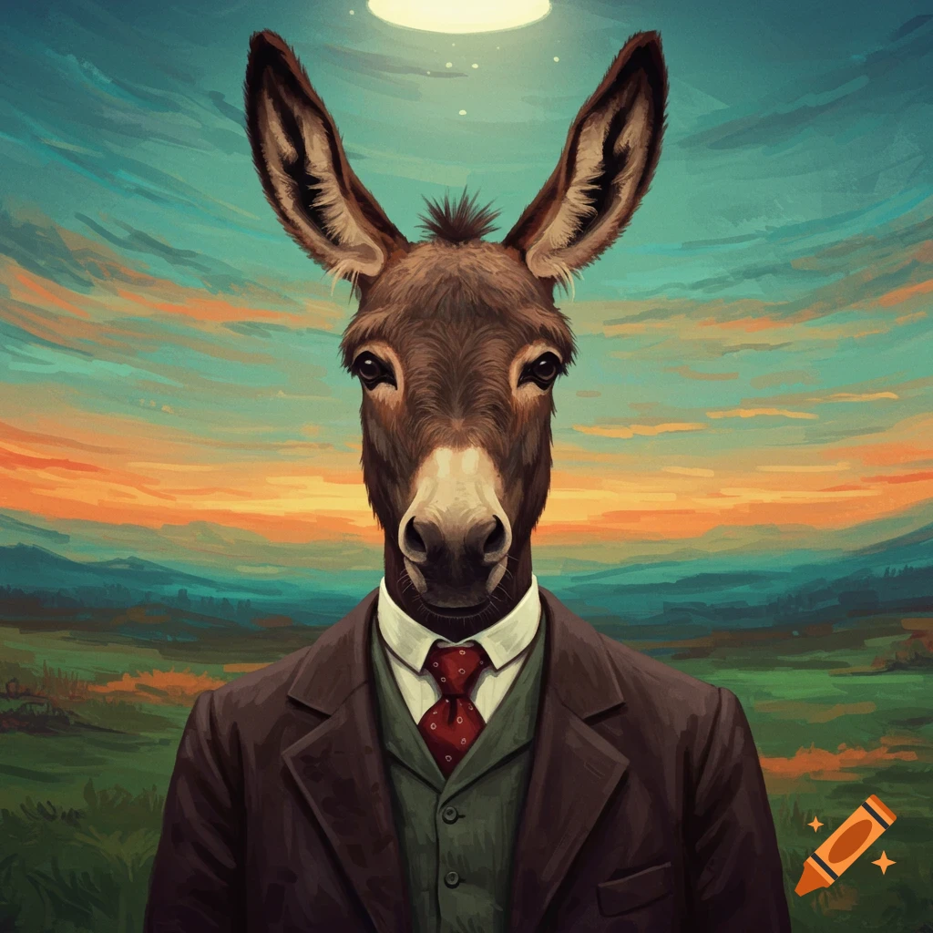 A painted donkey wearing a suit and tie stands in a field at sunset. on ...