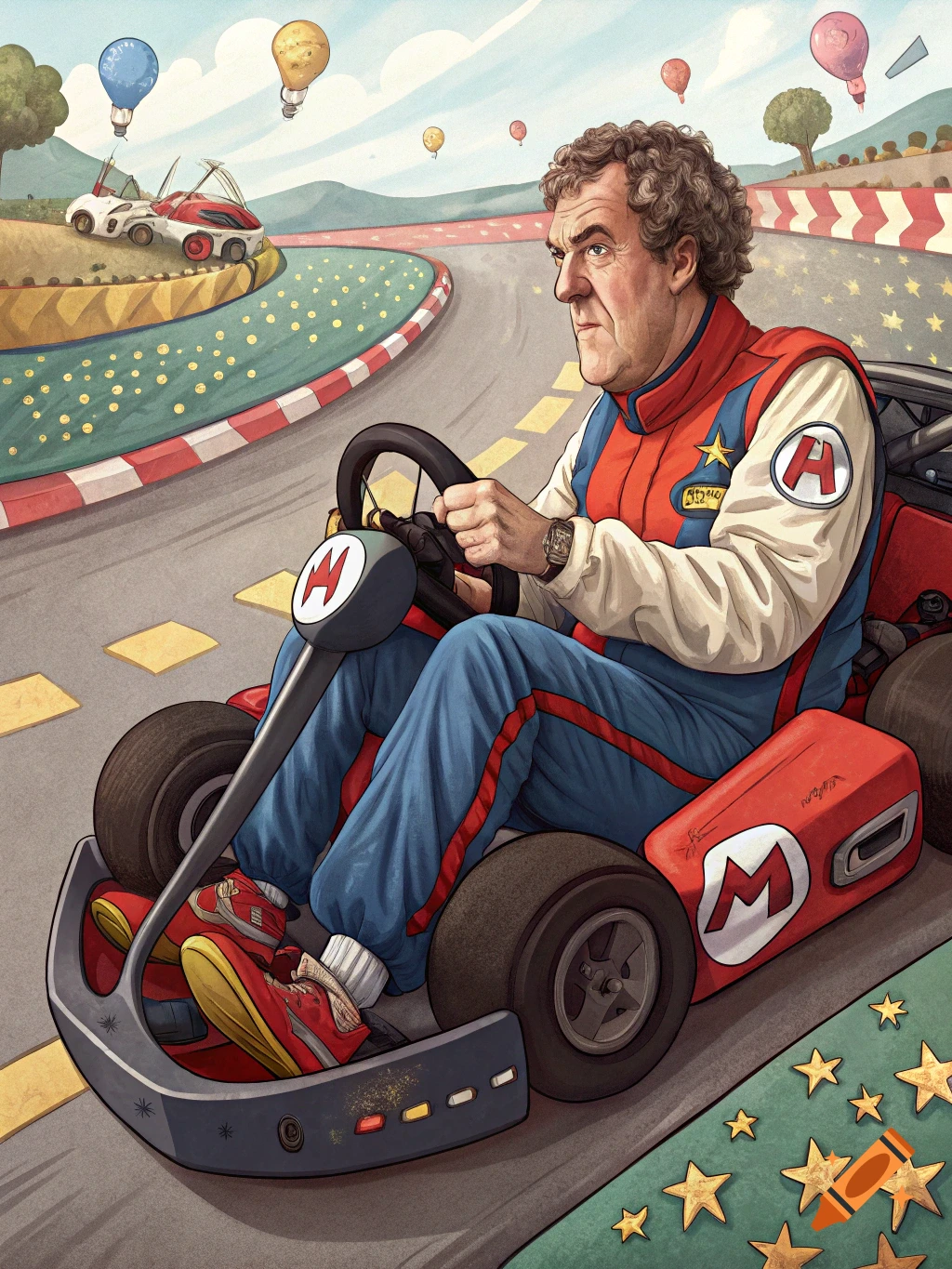 Illustration of Jeremy Clarkson driving a red Mario-themed go-kart on a ...