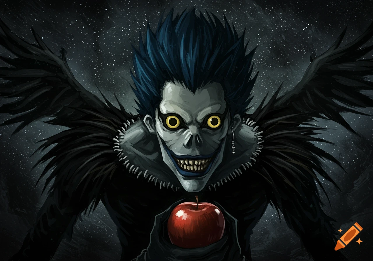 Illustration of Ryuk from Death Note, a winged creature with yellow ...