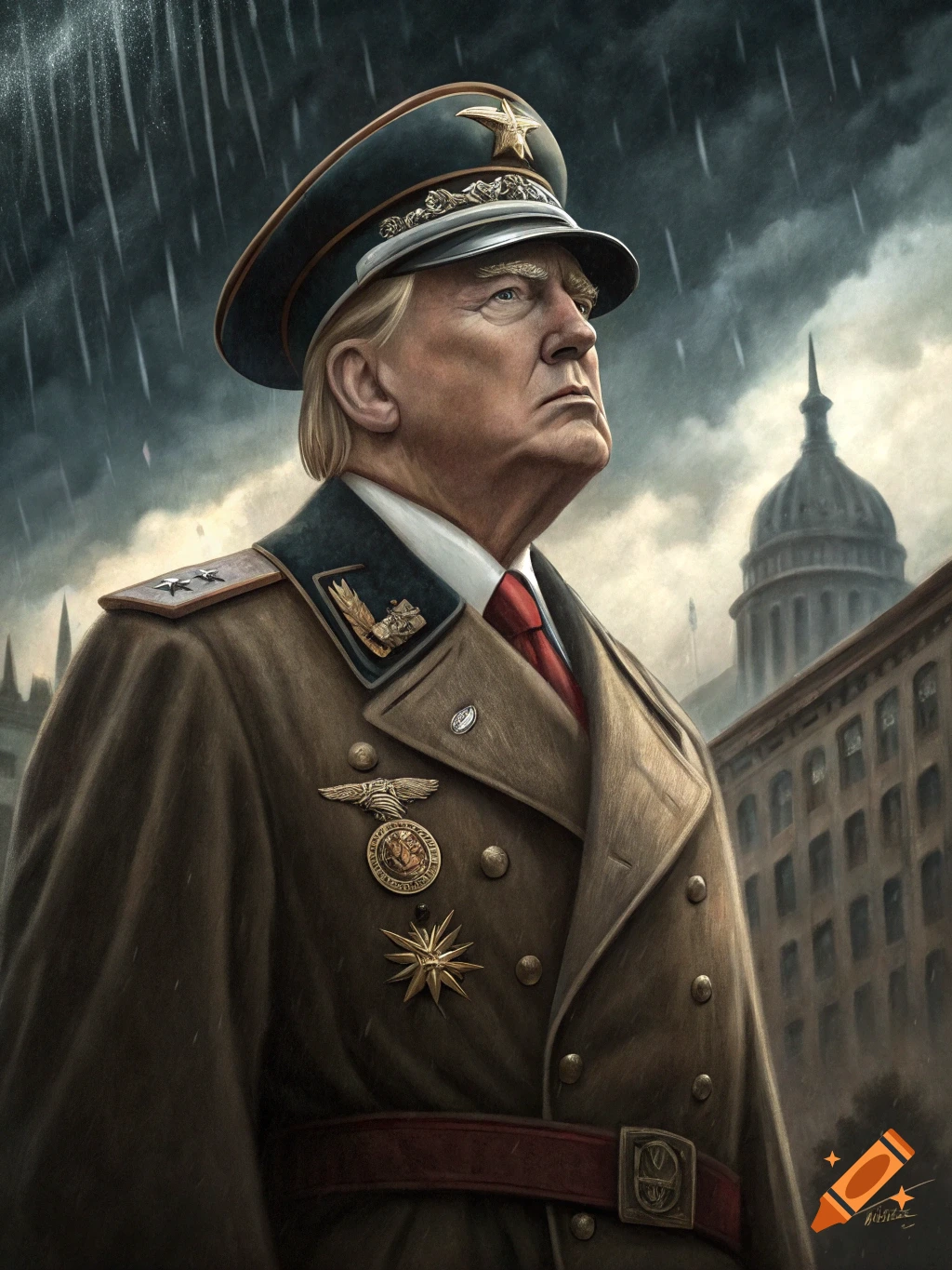 Portrait painting of Donald Trump in a military uniform with medals ...