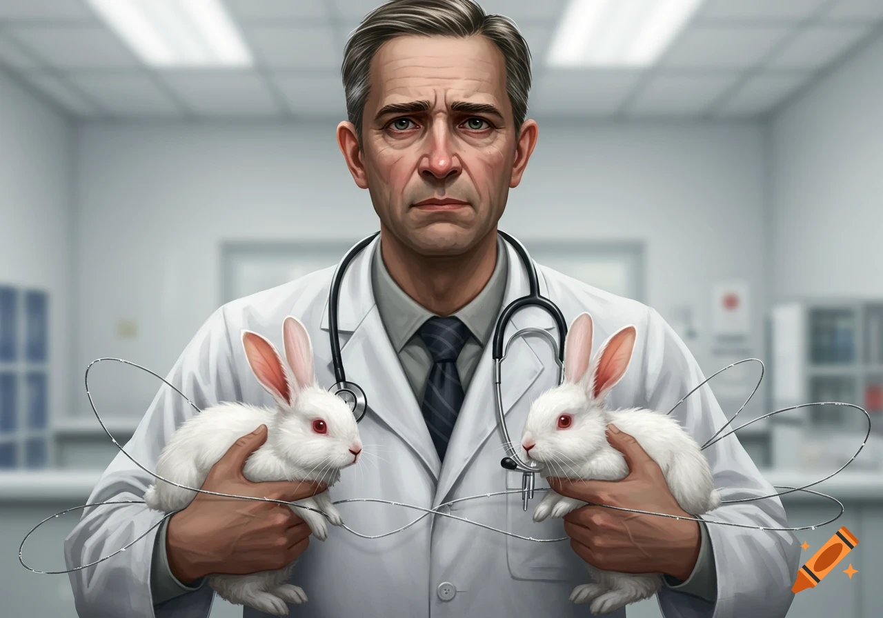 Worried male doctor in lab coat holding two white rabbits connected by ...