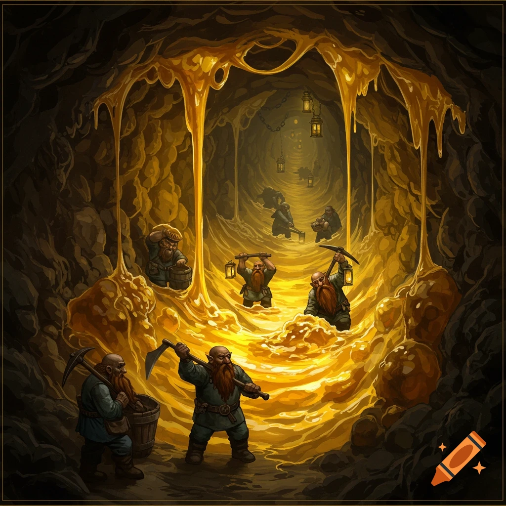 Dwarves mine golden honey in a glowing, waxy cave lit by lanterns ...