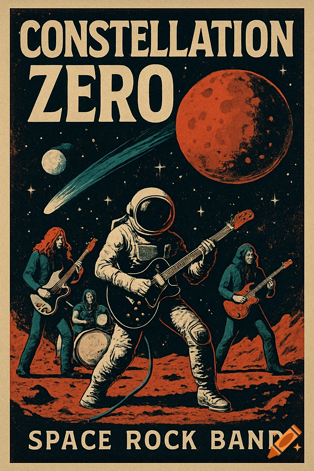 Retro poster of a space rock band with an astronaut guitarist on an ...