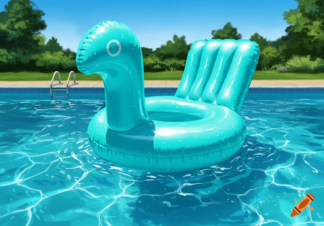 Bright blue inflatable dinosaur or swan float in a swimming pool on Craiyon