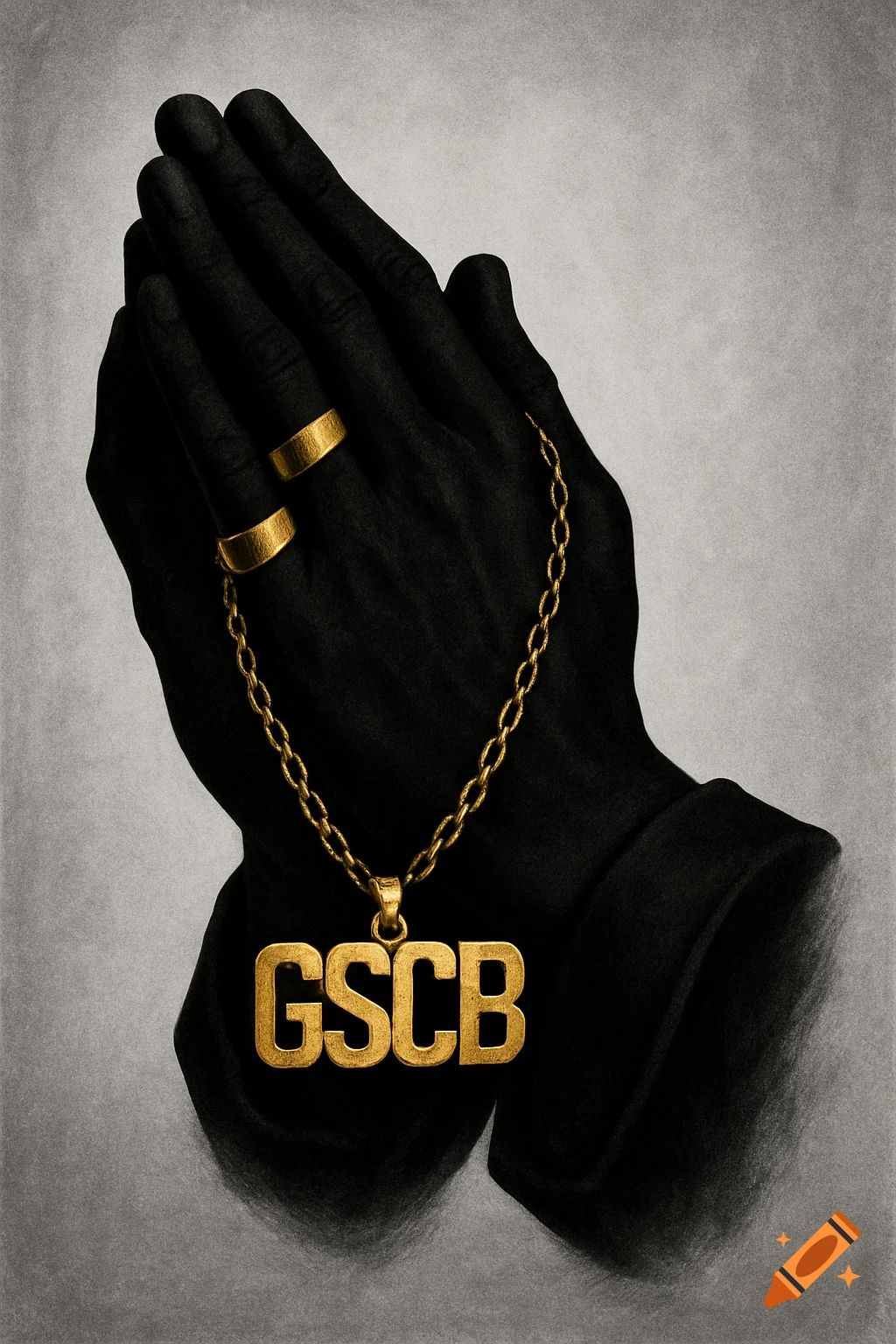 Black and white illustration of praying hands with gold rings and a ...