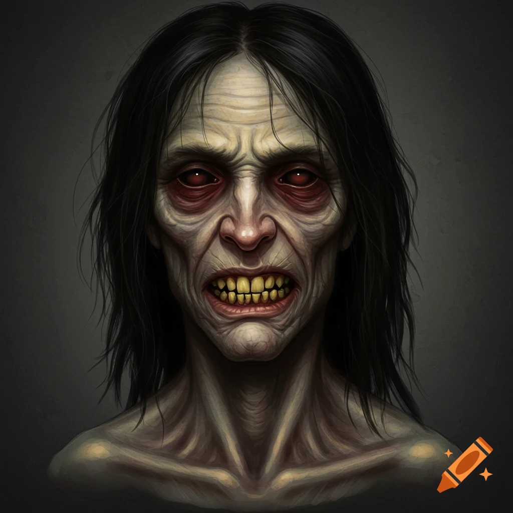 Close-up portrait of a gaunt, pale creature with yellow teeth and red ...