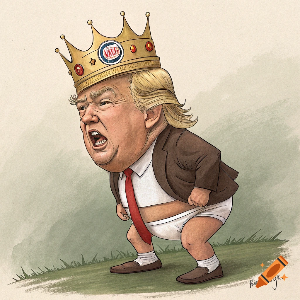 Caricature of Donald Trump wearing a gold crown and diaper, squatting ...