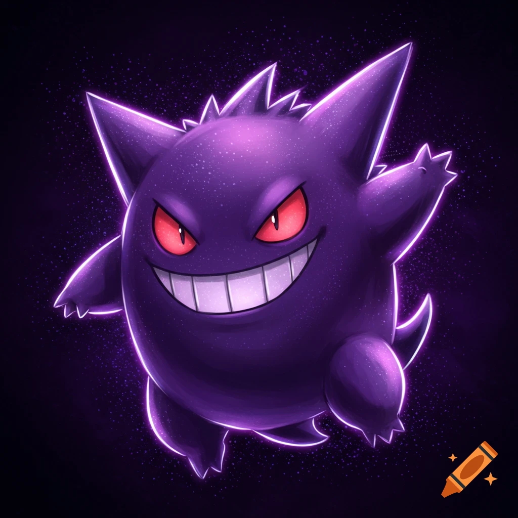 A purple Gengar with red eyes and a wide grin against a dark background ...