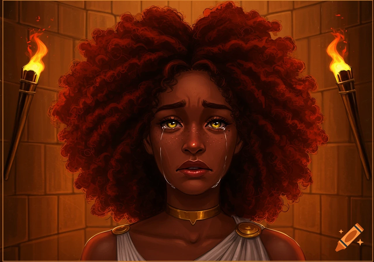 Portrait of a sad woman with red curly hair and tears, standing in an ...