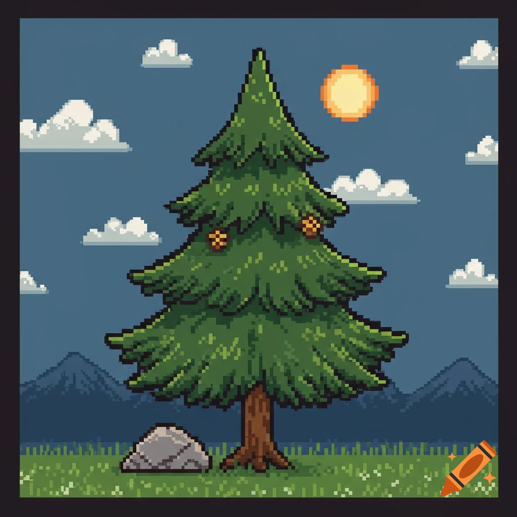 Pixel art scene of a pine tree, rock, mountains, and sun on Craiyon