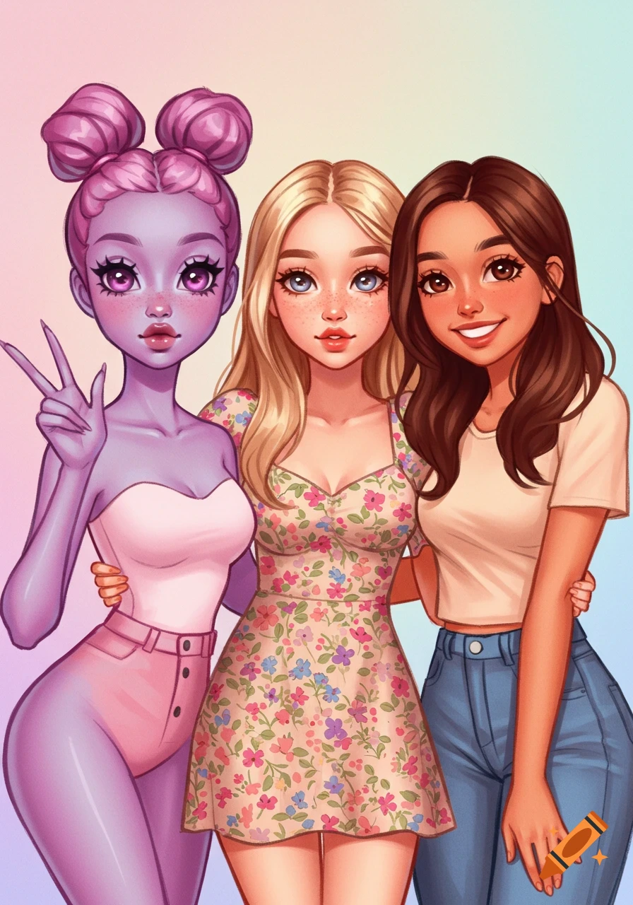 Illustration of three stylized female friends posing together on Craiyon