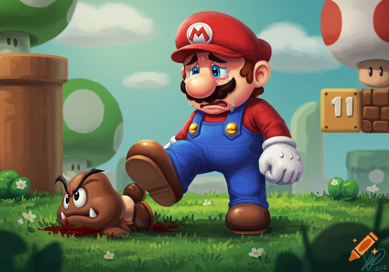 Mario looks regretful while stomping a Goomba in a Super Mario Bros ...