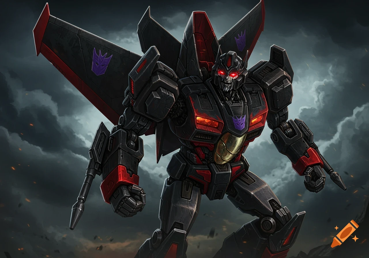 A black and red Decepticon Transformer with jet wings stands in a ...
