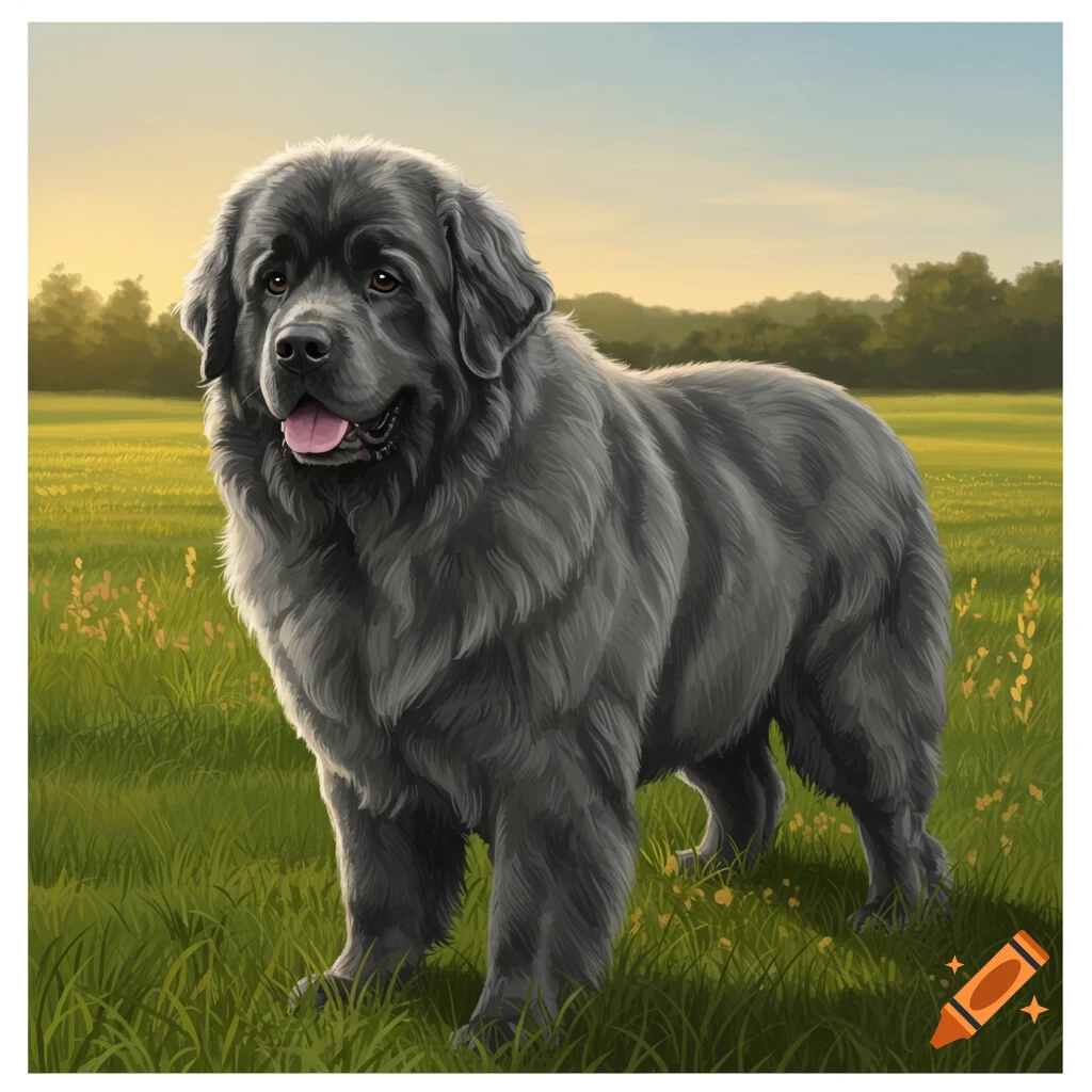 A large gray Newfoundland dog stands in a grassy field at sunset ...