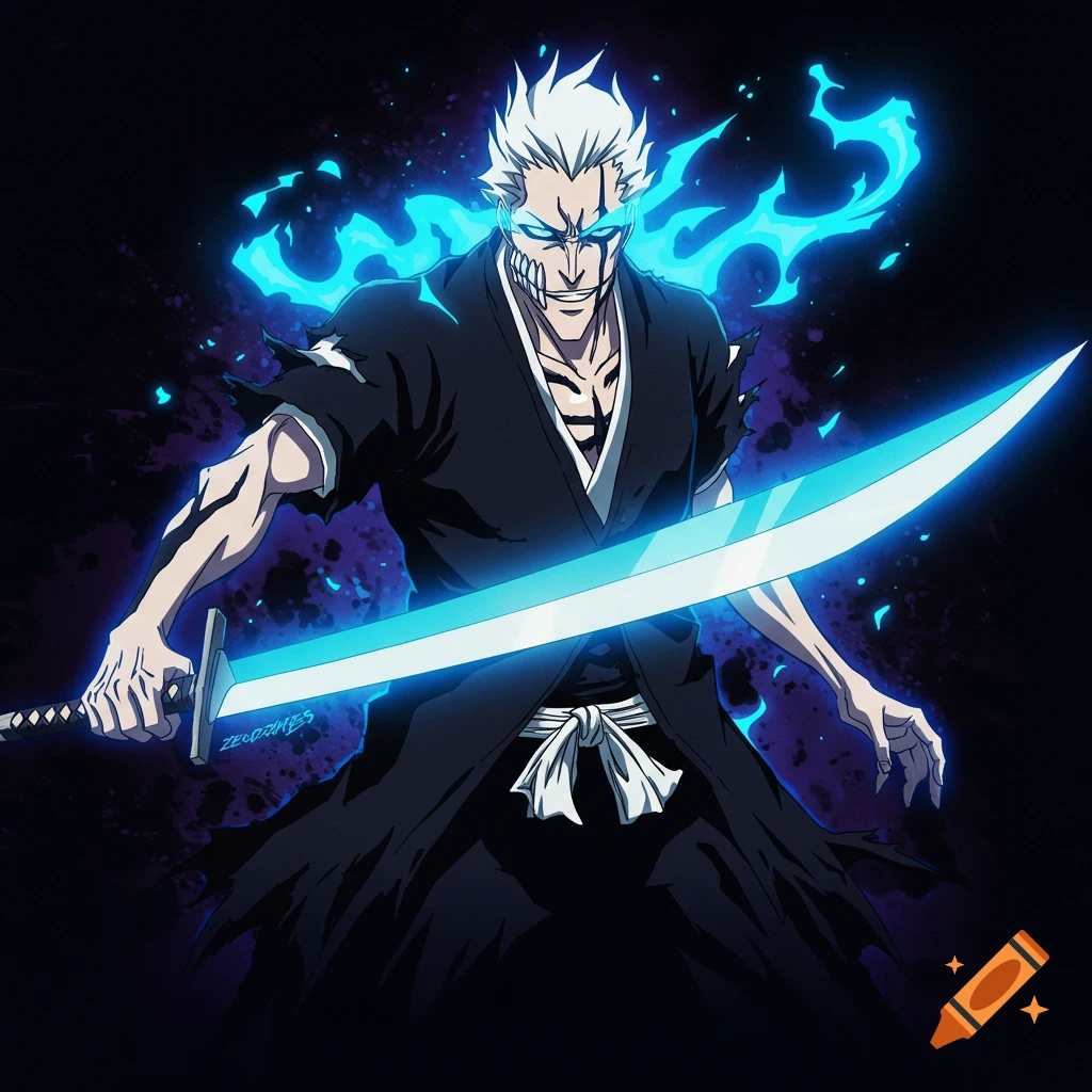 Anime character with white hair and face markings, holding a glowing ...