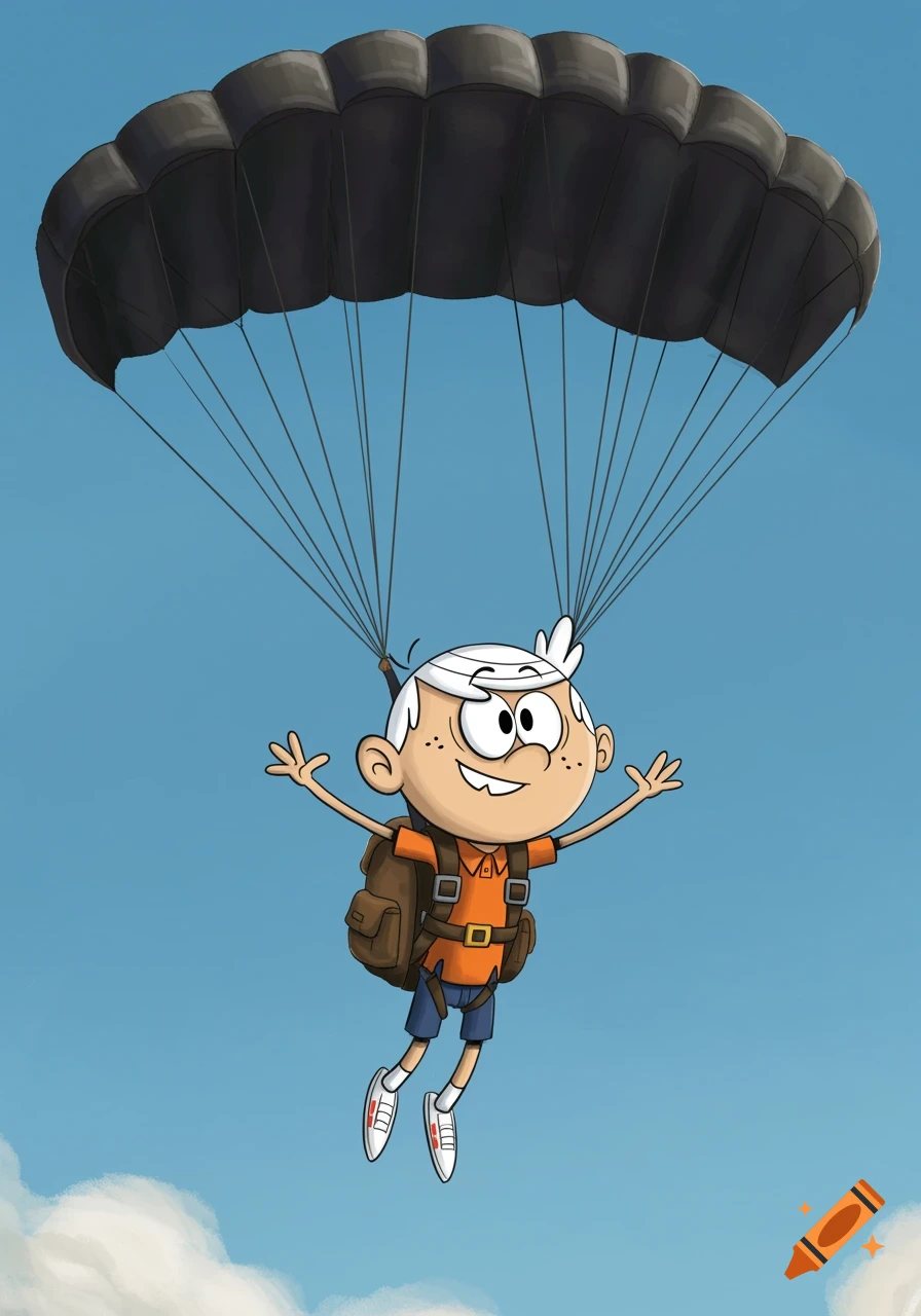 Cartoon character Lincoln Loud skydiving with a black parachute in a ...