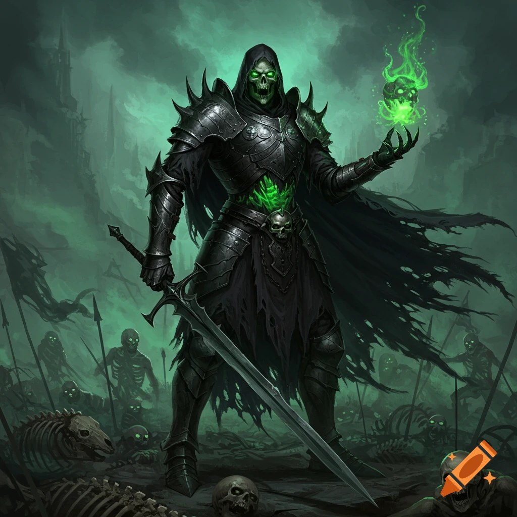 Skeletal black knight with glowing green eyes and chest holds a sword ...