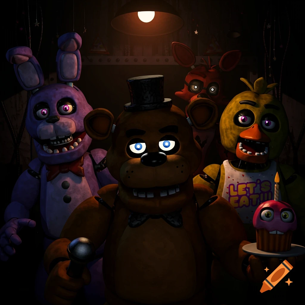 Five Nights at Freddy's animatronic characters Freddy, Bonnie, Chica, and Foxy in the dark on ...