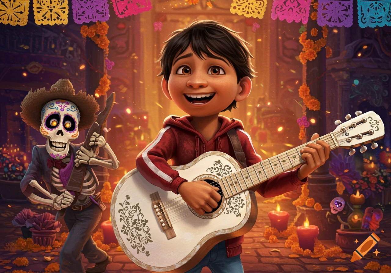 Miguel from Coco plays guitar with Hector during Day of the Dead ...
