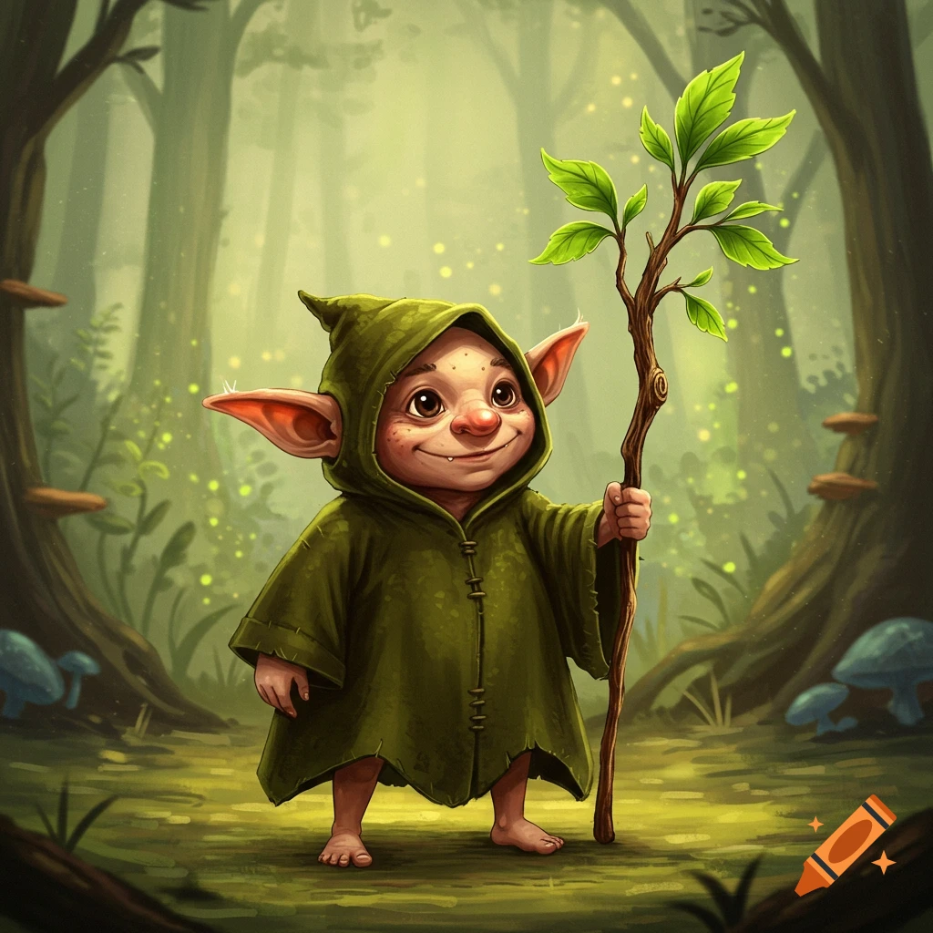 A cute creature in a green robe holds a twig staff with leaves in a ...