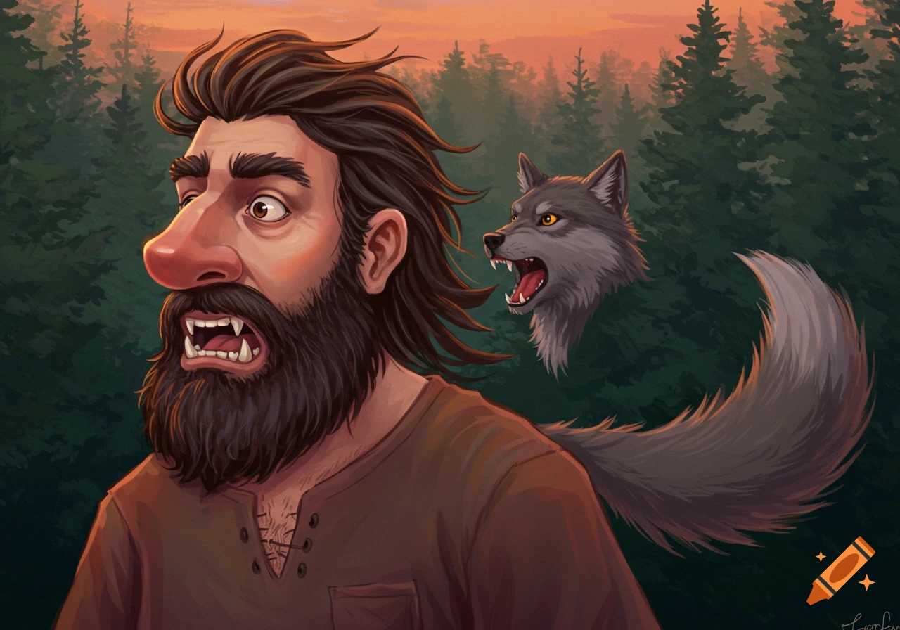Illustration of a man looking scared with a wolf head and tail ...