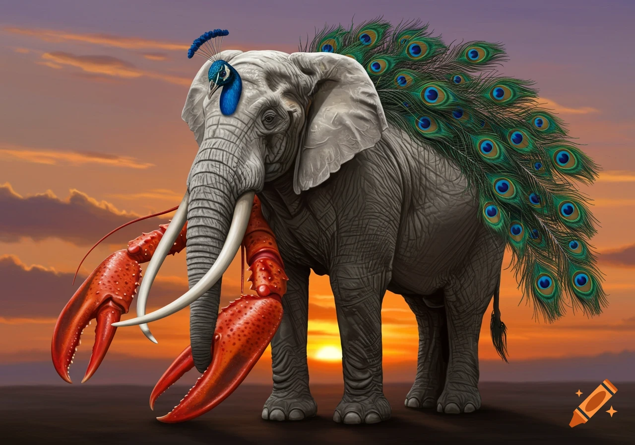Detailed illustration of an elephant with lobster claws and peacock ...