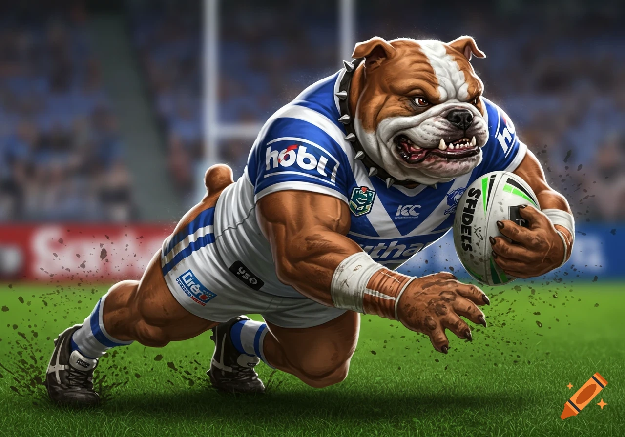 Cartoon bulldog in rugby jersey diving for a ball on a field on Craiyon