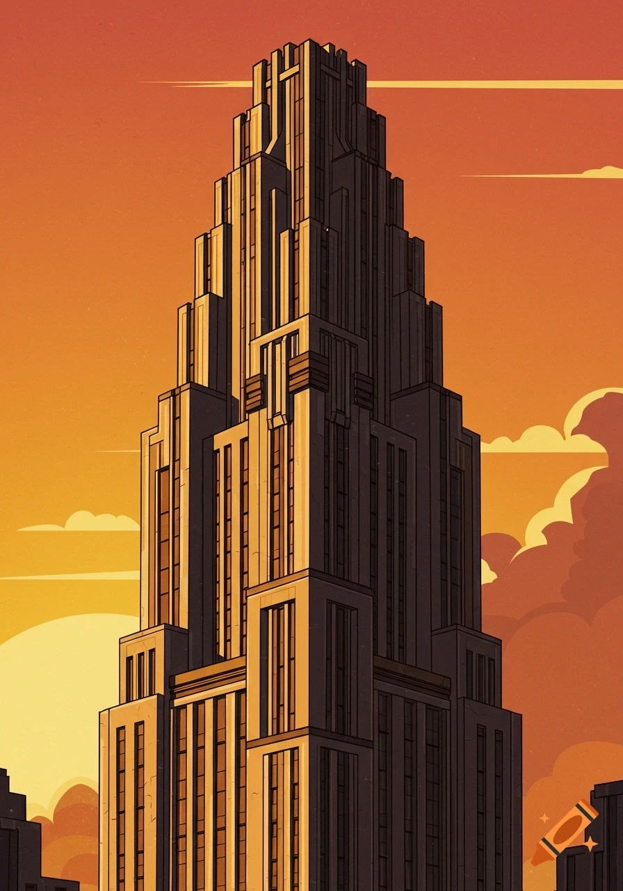 A stylized art deco skyscraper against an orange sky with clouds. on ...