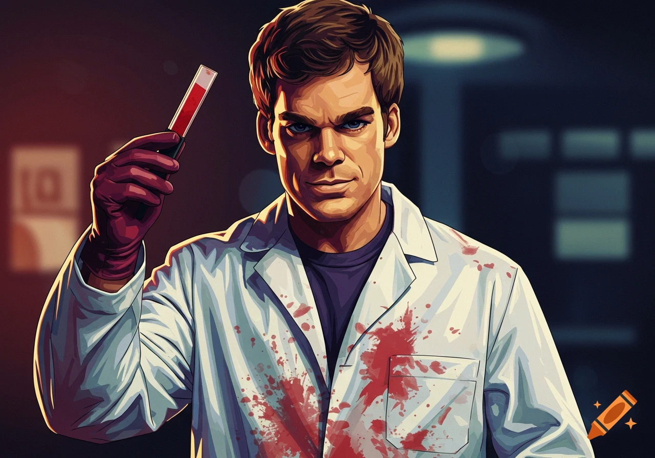 Stylized illustration of Dexter in a bloody lab coat holding a test ...