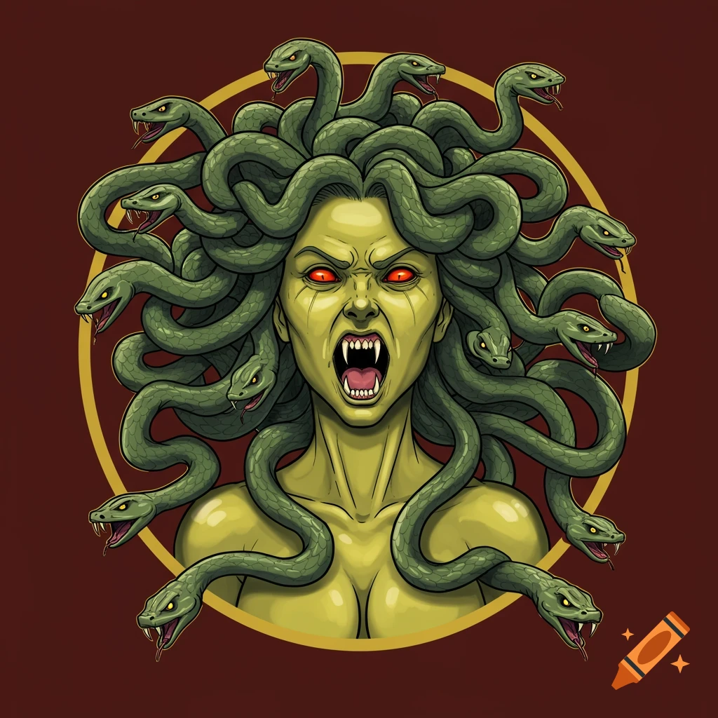 Stylized illustration of the mythological monster Medusa with snakes for hair, fangs, and ...