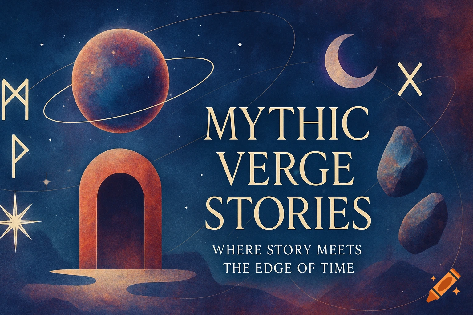Abstract cosmic scene with planet, stars, archway, runes, and text ...