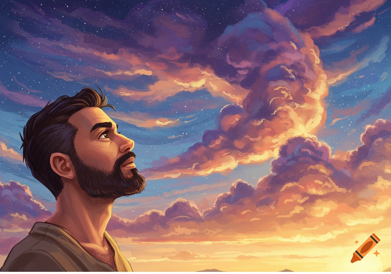 Man looking up at a dramatic, colorful sky filled with clouds and stars ...