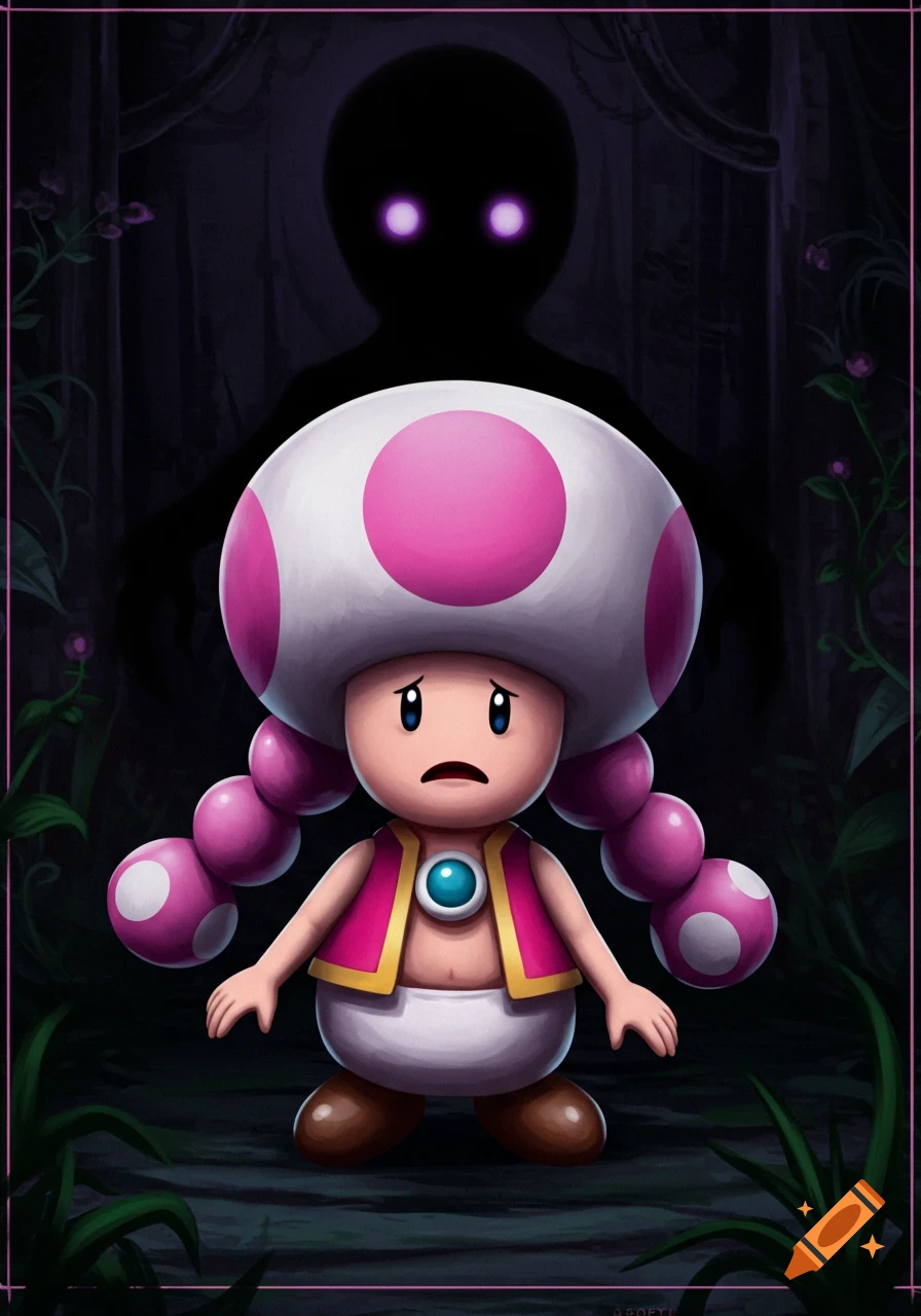 Illustration of a scared Toadette with a shadowy figure with purple ...