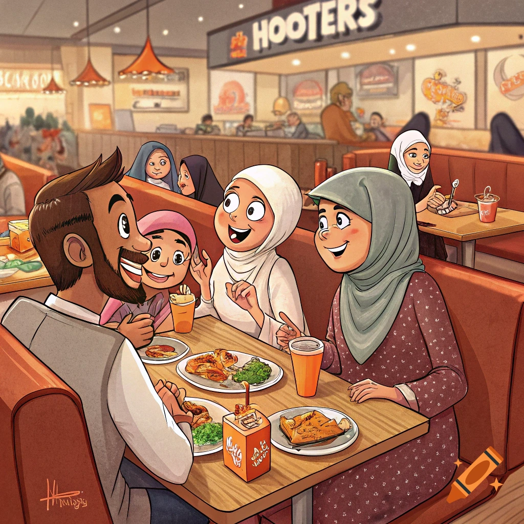 A cartoon illustration of a family eating at a Hooters restaurant. on ...