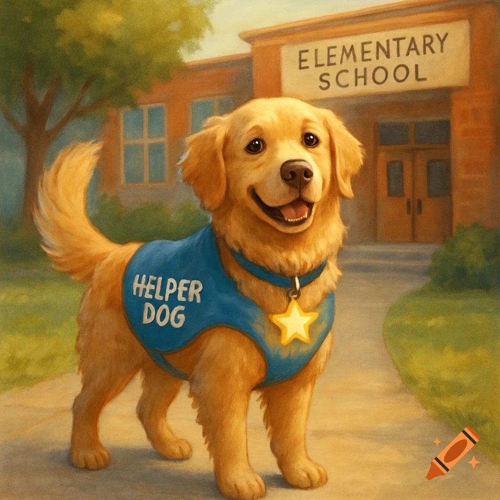 Illustration of a friendly golden retriever wearing a blue "Helper Dog ...