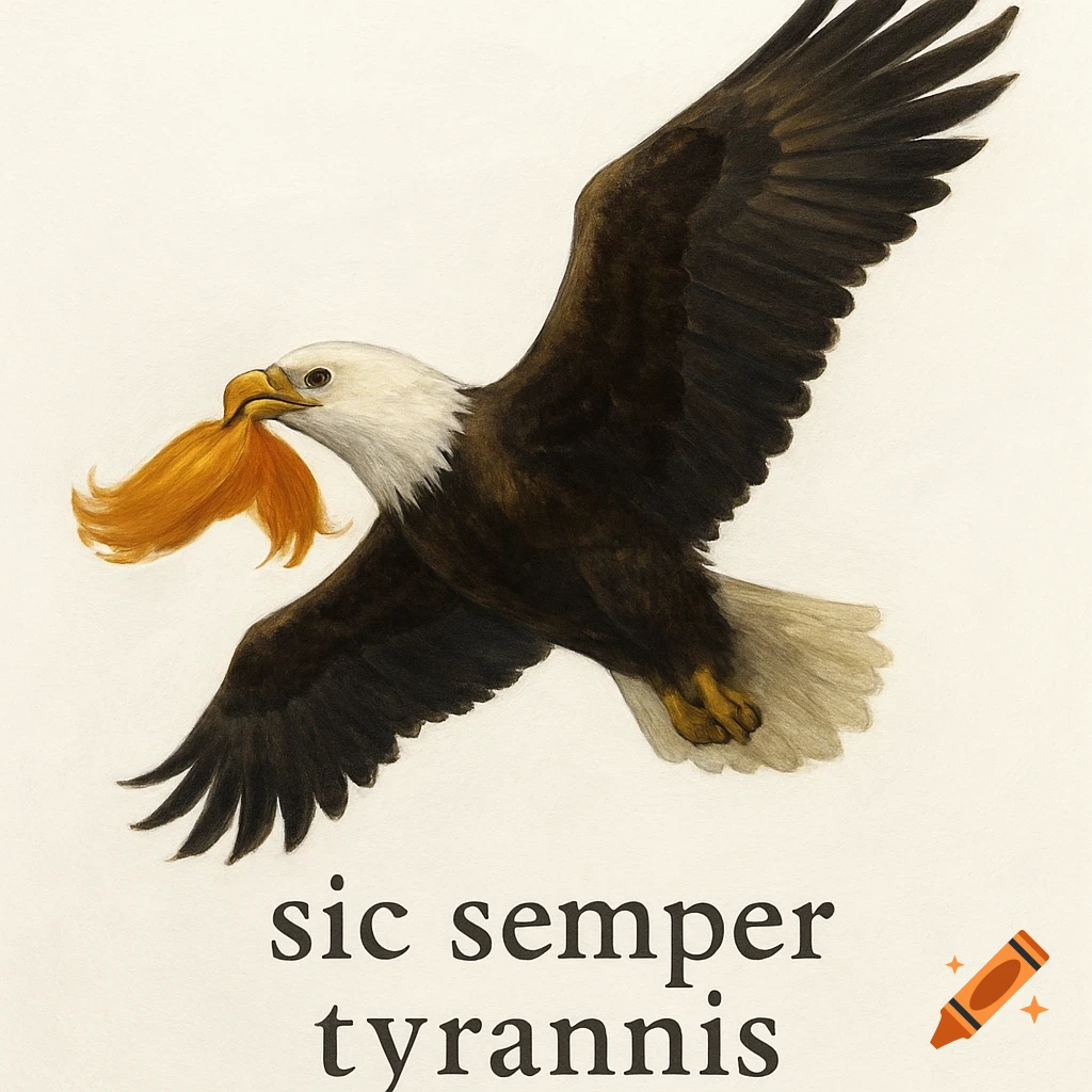 An illustration of a bald eagle flying with an orange toupee in its ...