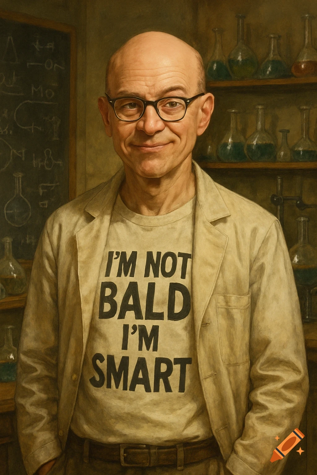 A bald professor in a lab coat wears a t-shirt that says 'I'm not bald ...